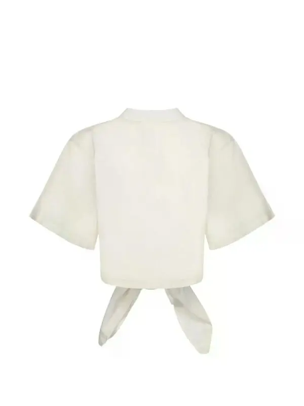 CALA DE LA CRUZ Ecru Slub Texture Band Collar Cropped Blouse
