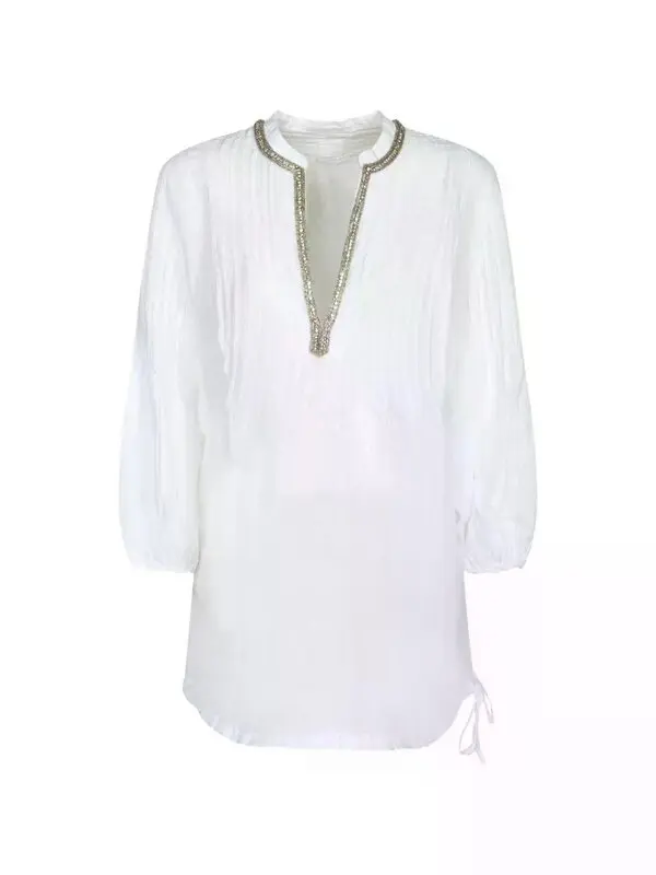 120% Lino Embellished Pintuck Detail Top