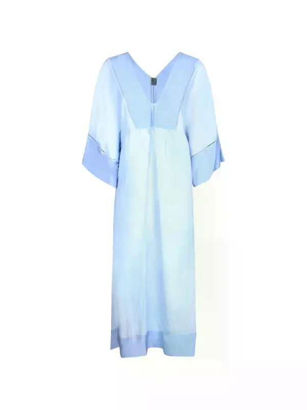 120% Lino Panelled Midi Dress With Faggoting Trim - Blue