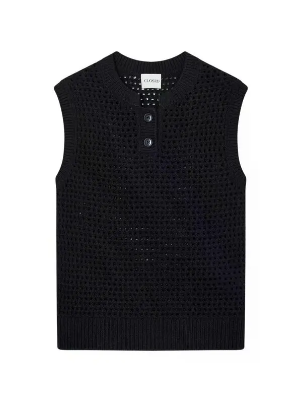 Closed Crochet-knit Button-up Vest - Black