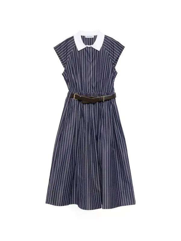 Dice Kayek Navy Cotton Vertical Stripe Sleeveless Belted Midi Dress - Blue
