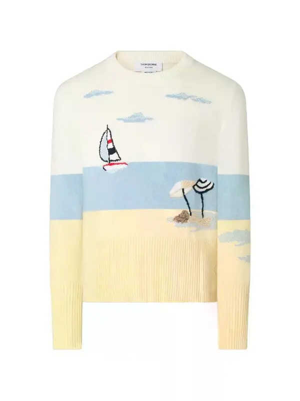 Thom Browne Nantucket Scenic Intarsia Crew Neck Sweater - White