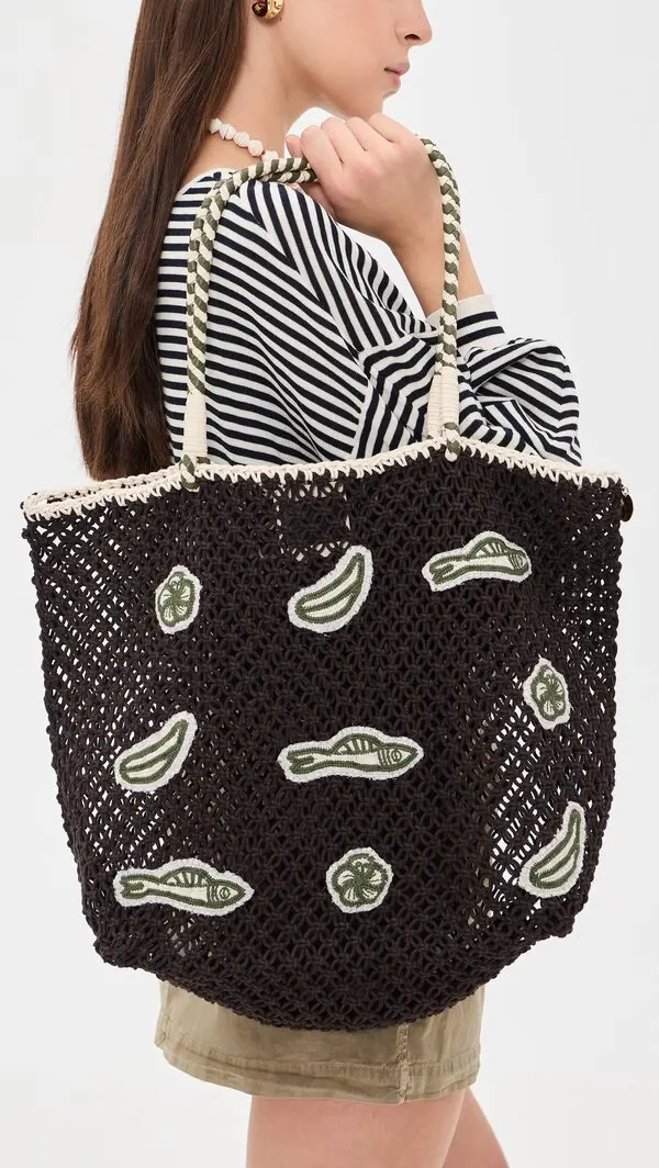 Clare V. Macrame Tote Bag With Leather Trim And Applique Embellishments