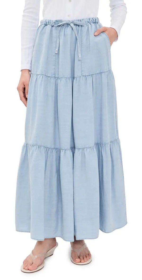 Splendid Tiered Maxi Skirt With Drawstring Waist - Bleached Indigo