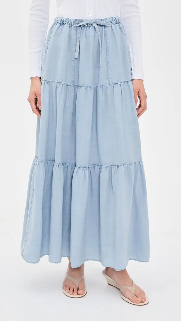 Splendid Tiered Maxi Skirt With Drawstring Waist - Bleached Indigo