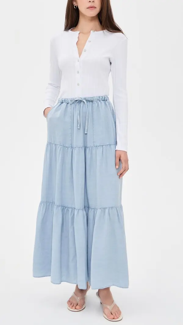 Splendid Tiered Maxi Skirt With Drawstring Waist - Bleached Indigo