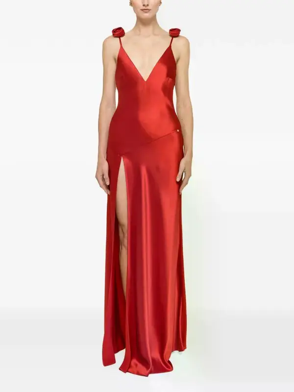 NISSA Maxi Dress With Rosette Detail - Red
