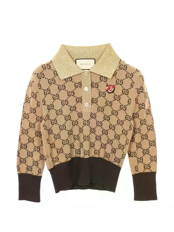 Gucci 2010s Gg Pattern Wolf Patch Cropped Wool Polo Shirt