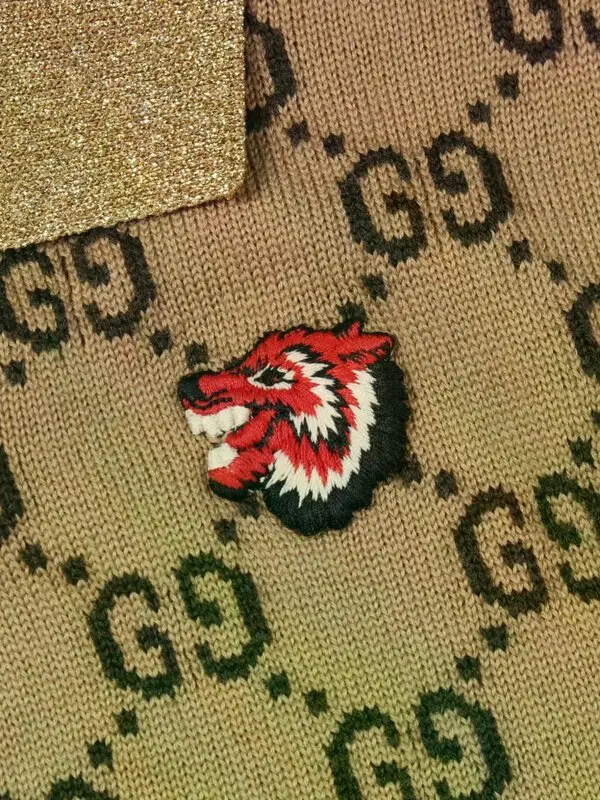 Gucci 2010s Gg Pattern Wolf Patch Cropped Wool Polo Shirt