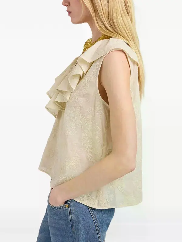 Momoni Embroidered Ruffled V-neck Sleeveless Top