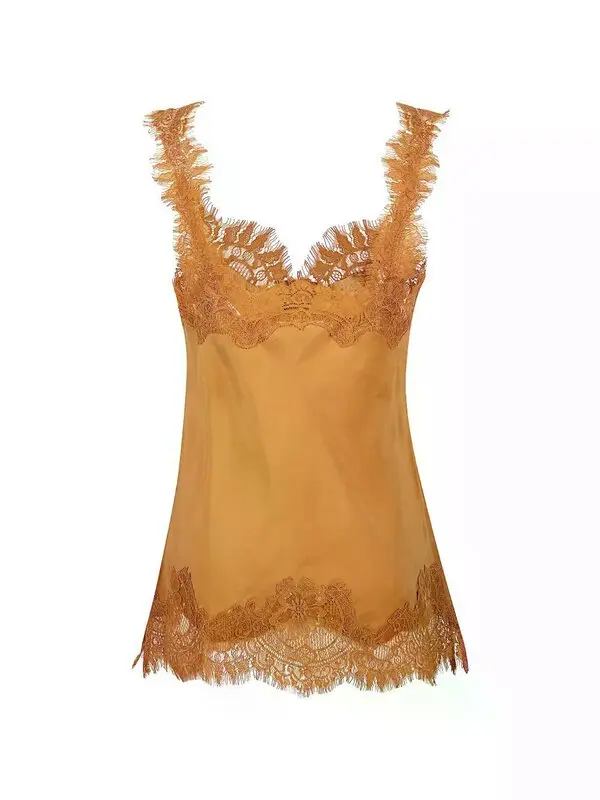 Gold Hawk Lace-trimmed Silk Top - Brown