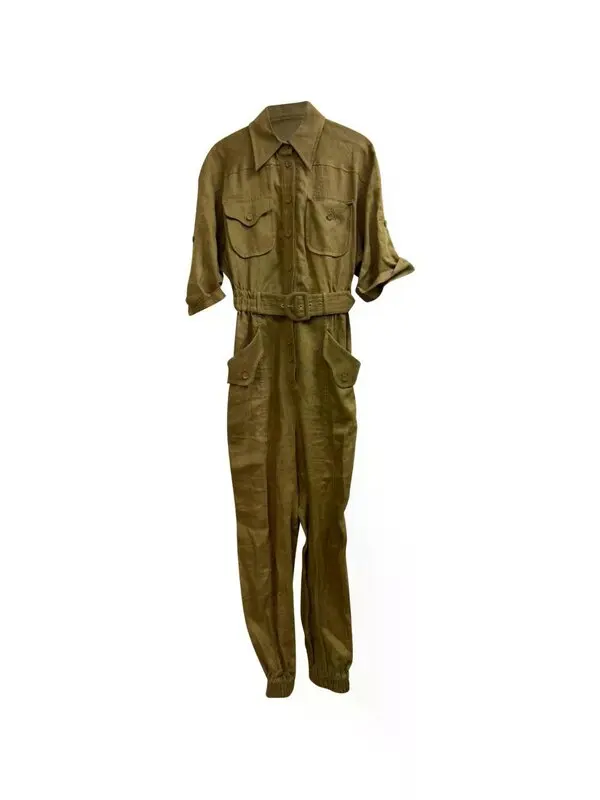 Zimmermann Belted Khaki Linen Jumpsuit