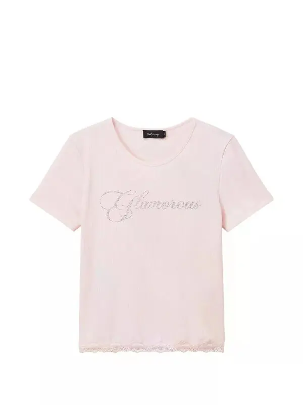 TOUT A COUP Rhinestone-embellished Lace-trim T-shirt - Pink