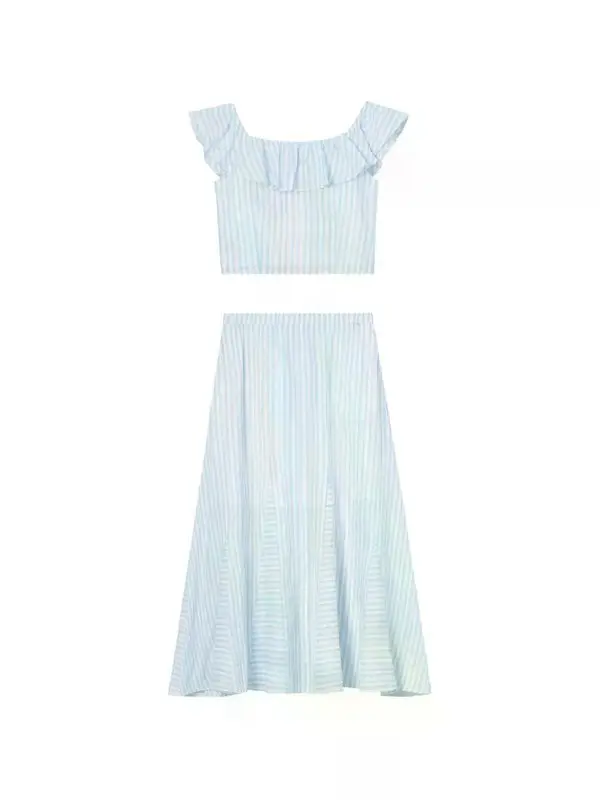 TOUT A COUP Striped Ruffled Jumpsuit - Blue