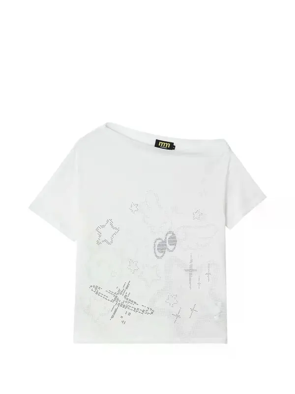 MINI CREAM Rhinestone Embellished Asymmetric Collar Cotton T-shirt - White