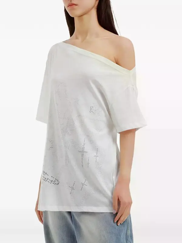 MINI CREAM Rhinestone Embellished Asymmetric Collar Cotton T-shirt