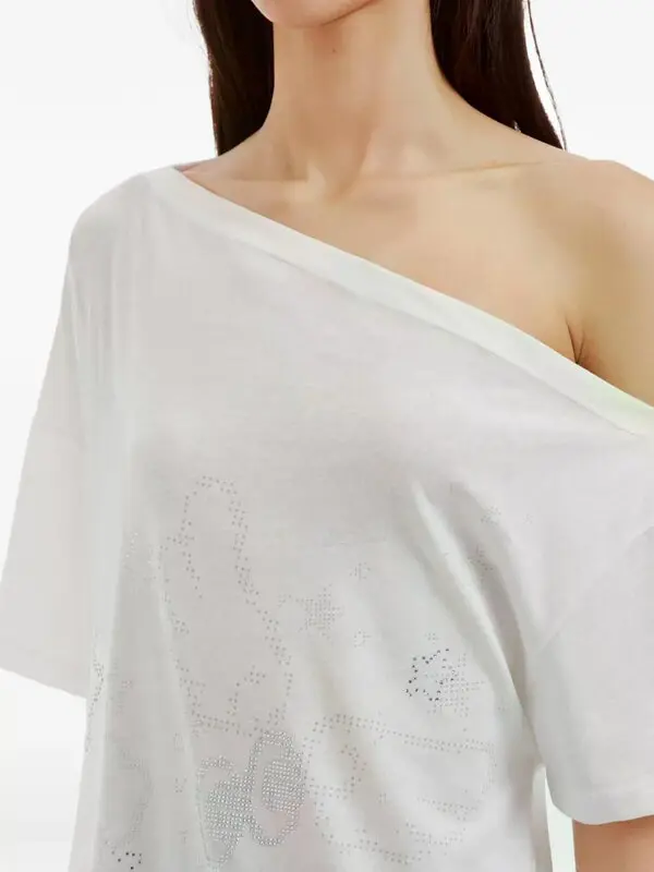 MINI CREAM Rhinestone Embellished Asymmetric Collar Cotton T-shirt