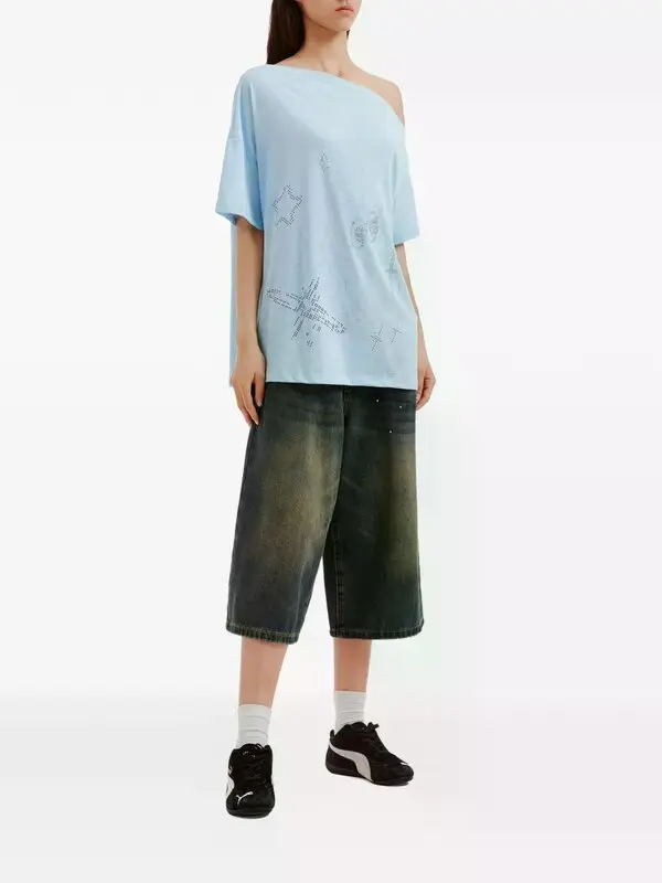 MINI CREAM Rhinestone Embellished Asymmetric Neck Cotton T-shirt