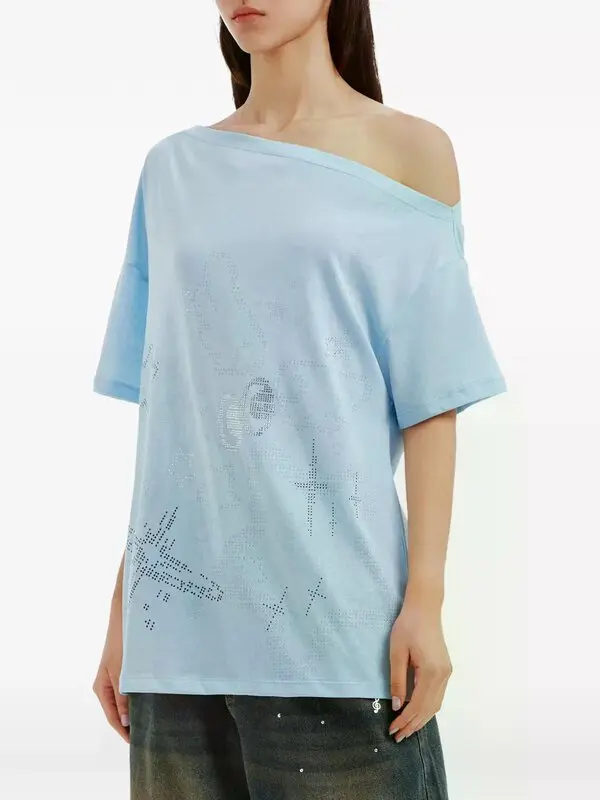 MINI CREAM Rhinestone Embellished Asymmetric Neck Cotton T-shirt
