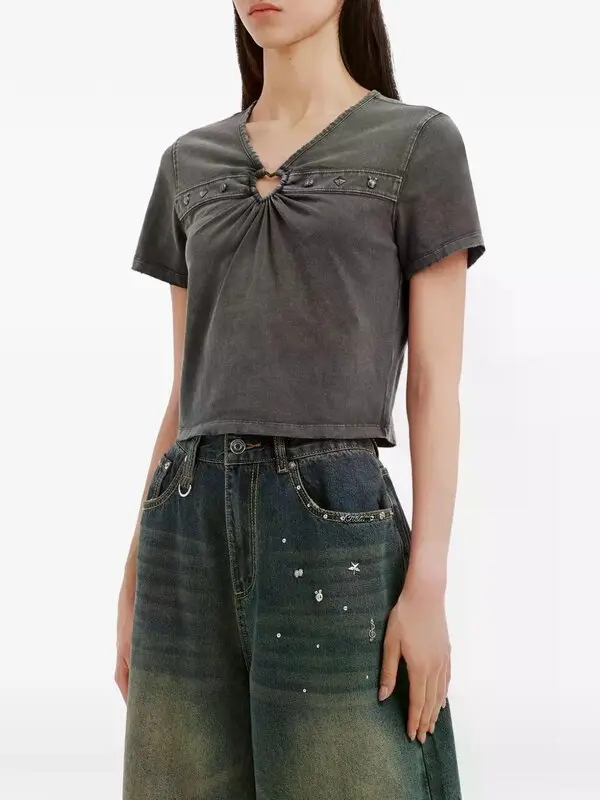 MINI CREAM Stud-embellished Heart-ring Cotton T-shirt - Grey