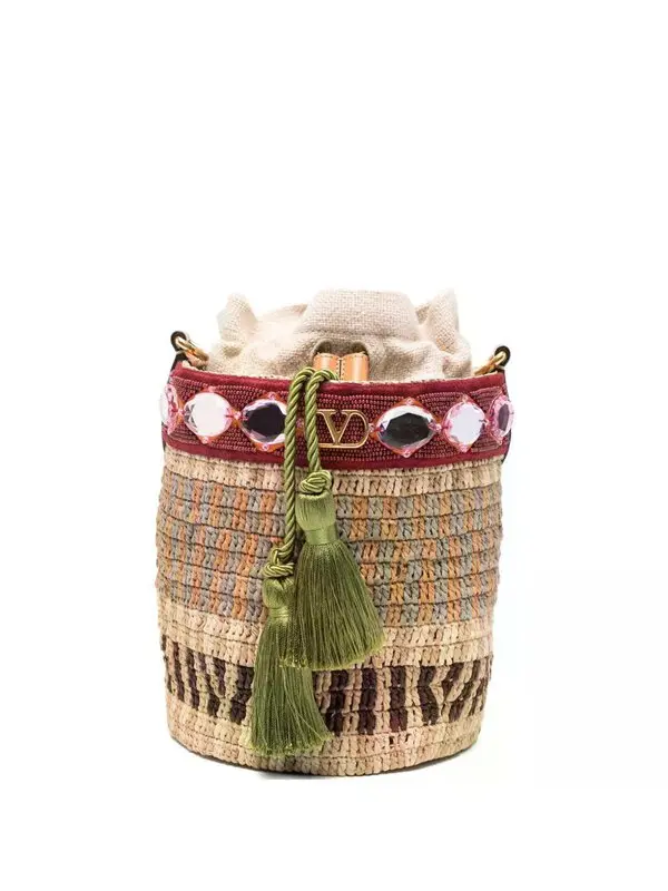 Valentino Garavani Small Raffia Bucket Bag With Embroidered Embellishments - Neutrals