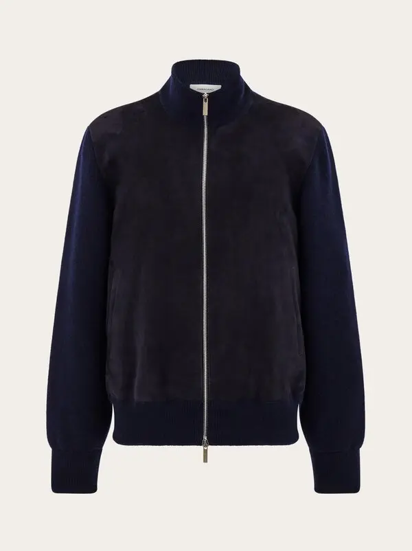 FERRAGAMO Suede And Knit Bomber Jacket - Blue
