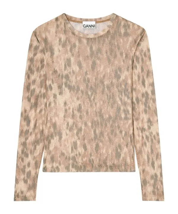 GANNI Printed Marl Mesh Top - Burro