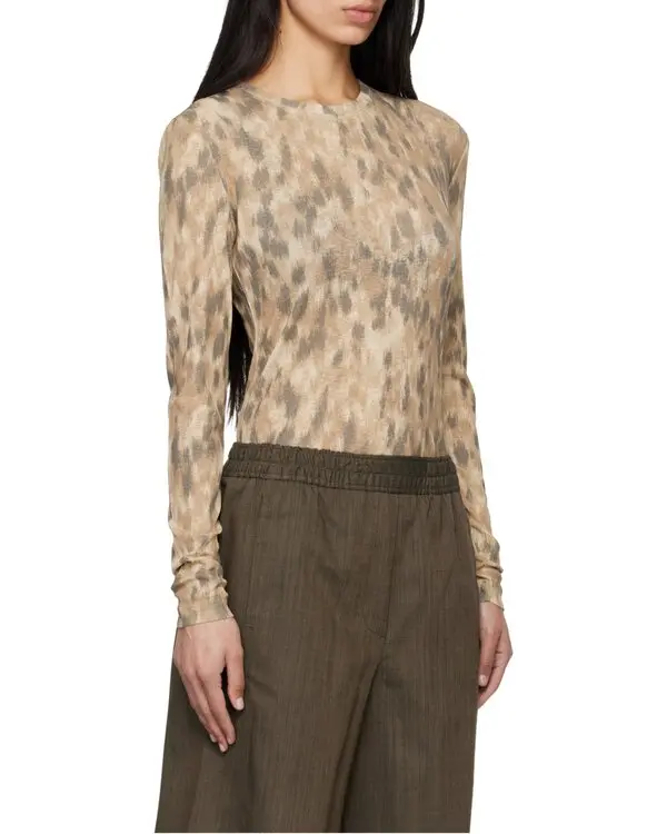 GANNI Long-sleeve Printed Marl Mesh Top