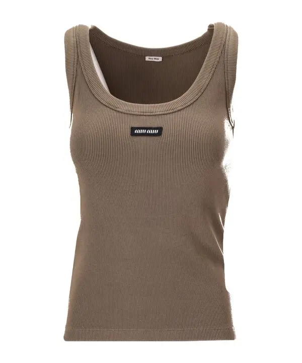 Miu Miu Logo Patch Ribbed Knit Tank Top - Brown