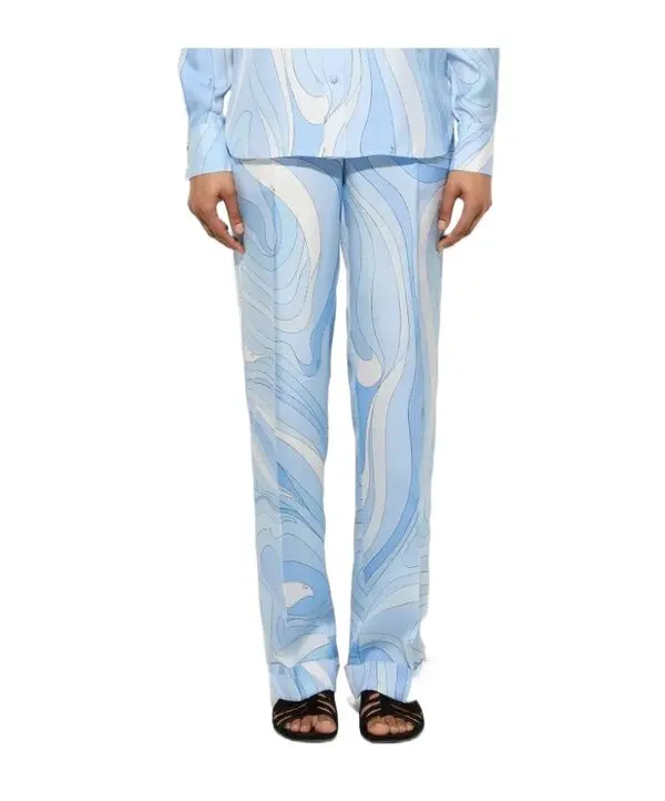 Emilio Pucci Marmo-print Silk Straight-leg Trousers - Blue