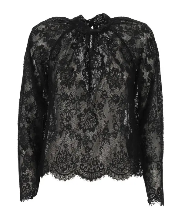 SELF-PORTRAIT Sheer Lace Long Sleeve Top - Black