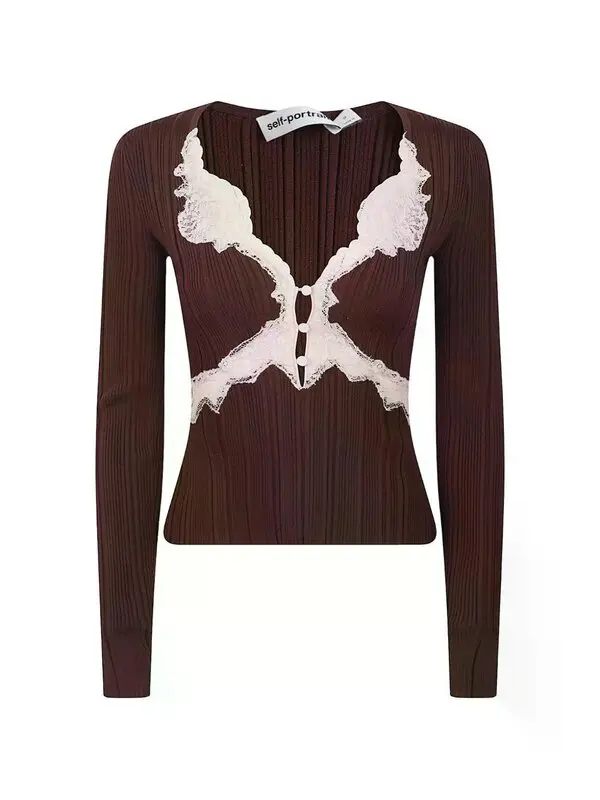 SELF-PORTRAIT Lace-trim V-neck Sweater - Brown