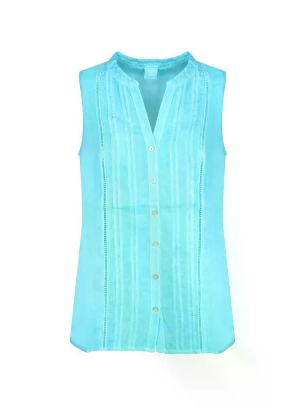 120% Lino Pintuck Detail Sleeveless Top - Blue