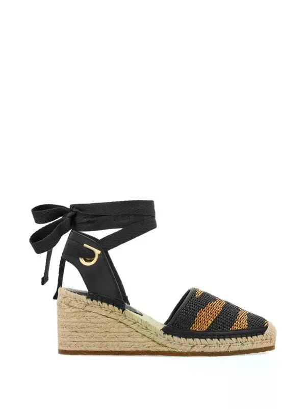 FERRAGAMO Raffia Espadrilles With Animalier Print - Black