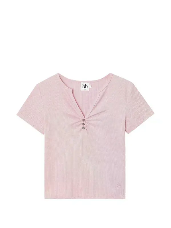 B+AB Ribbed Knit Ruched V-neck T-shirt - Pink