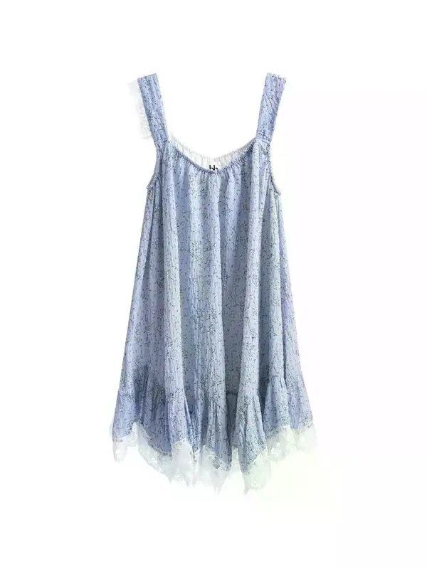 B+AB Floral Print Lace Trim Mini Dress - Blue