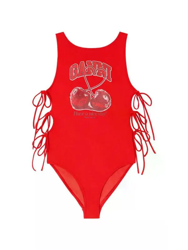 GANNI Cherry Print Lace-up Swimsuit - Red