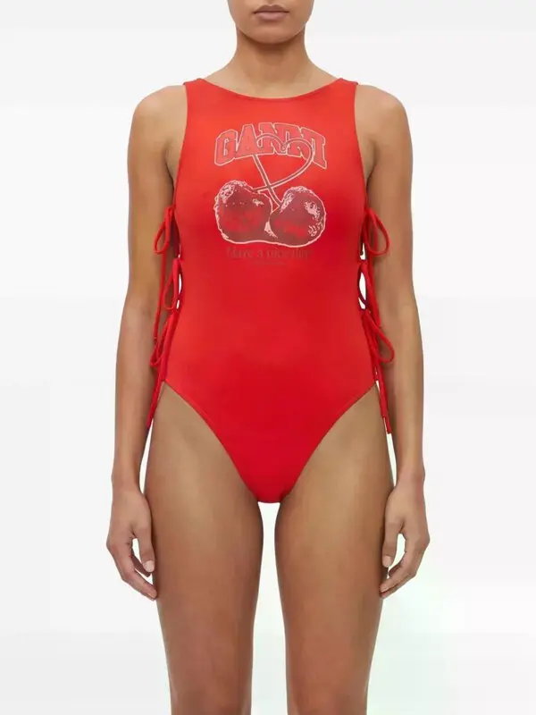 GANNI Cherry Print Lace-up Swimsuit