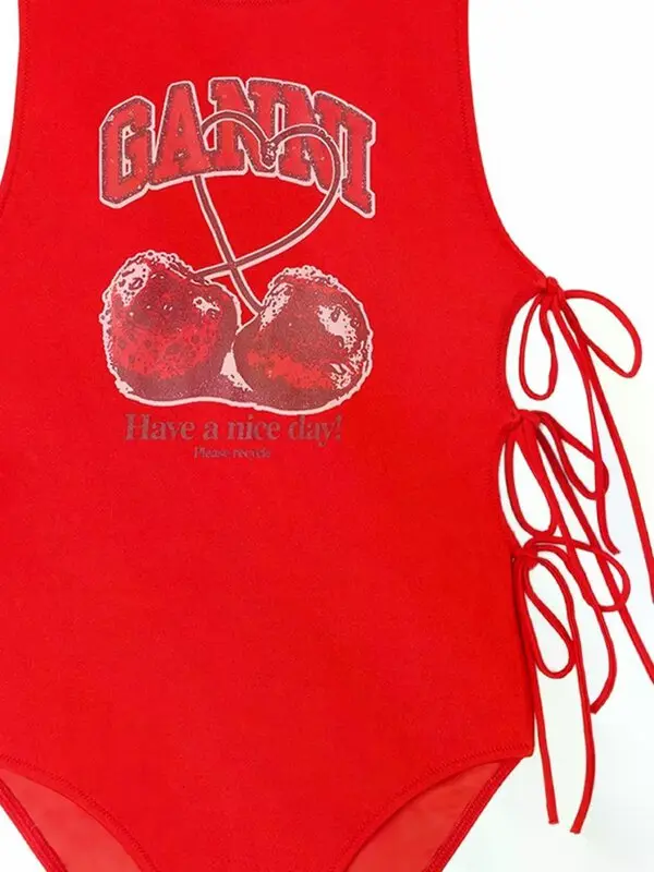 GANNI Cherry Print Lace-up Swimsuit