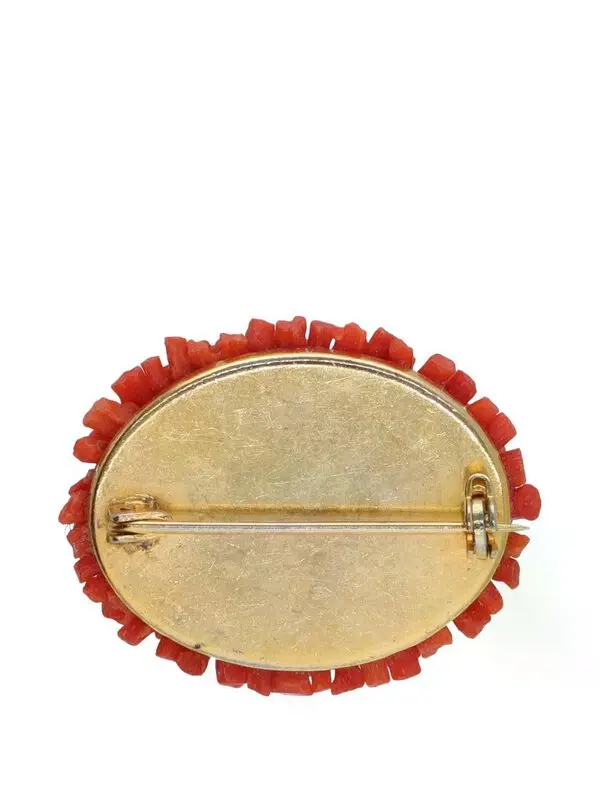 Vintage Oval Coral Embellished Brooch - Red