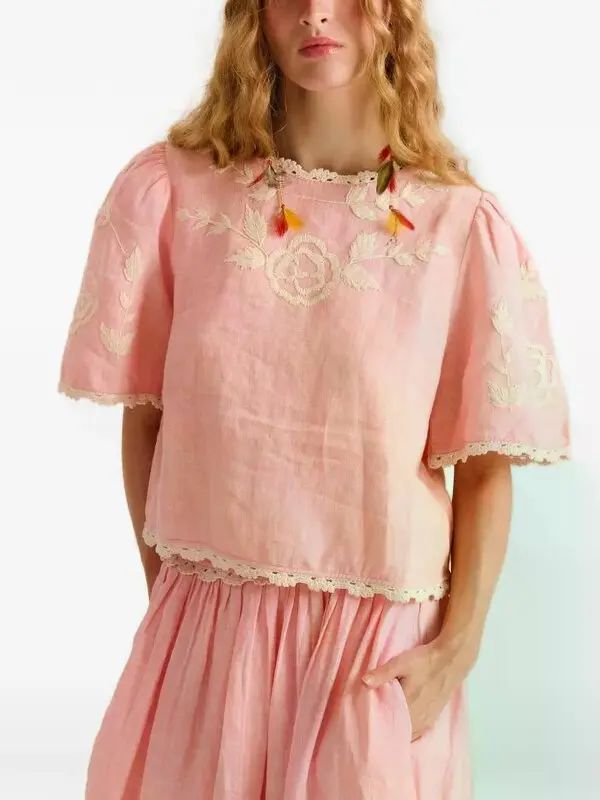 Carolina K Lela Embroidered Lace-trimmed Puff Sleeve Top