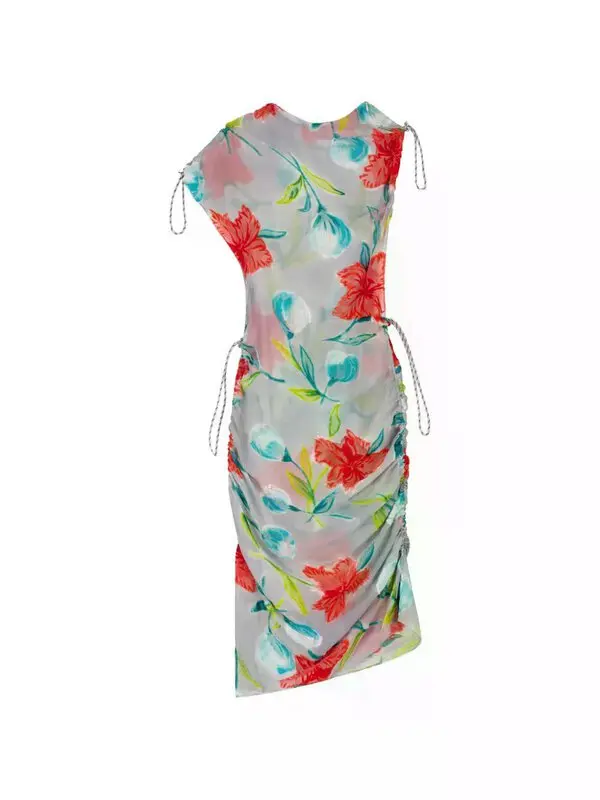 Coperni Floral Print Ruched Silk Midi Dress