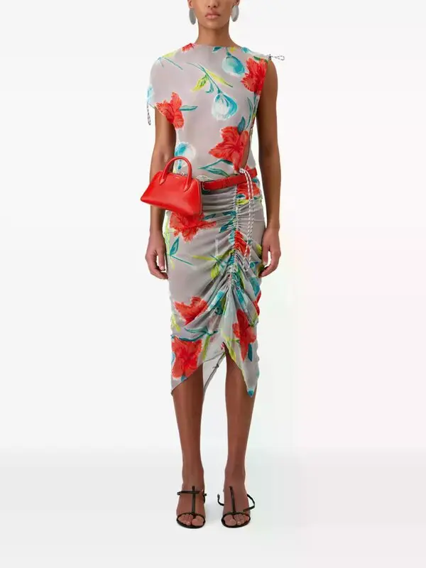 Coperni Floral Print Ruched Silk Midi Dress