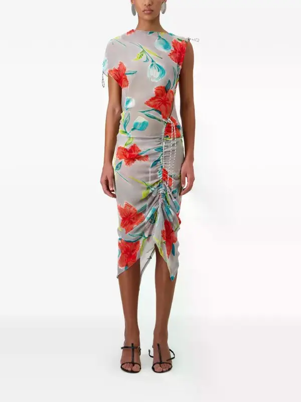 Coperni Floral Print Ruched Silk Midi Dress