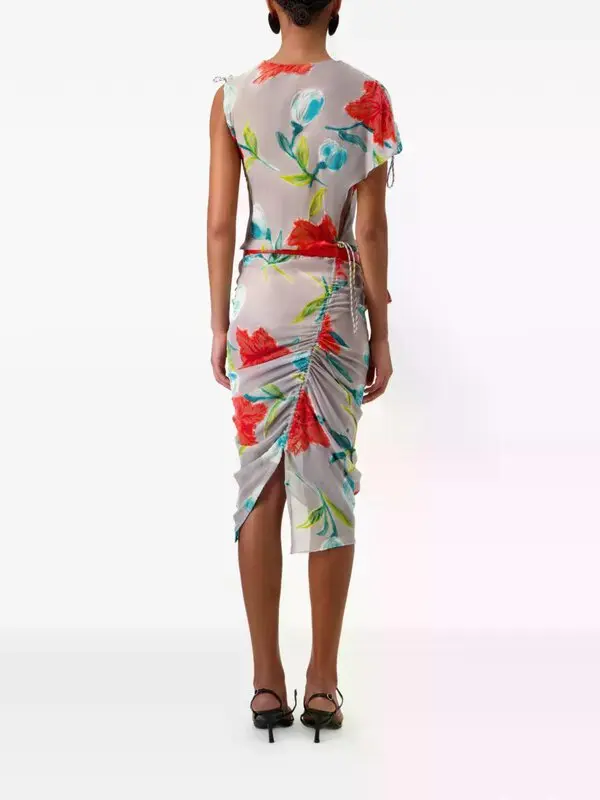 Coperni Floral Print Ruched Silk Midi Dress