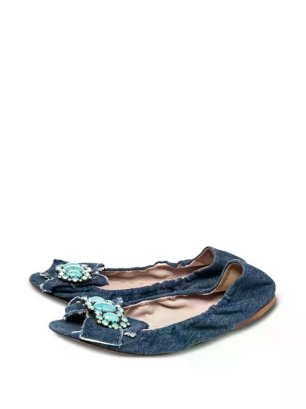 Miu Miu Denim Ballet Flats With Crystal Embellishment