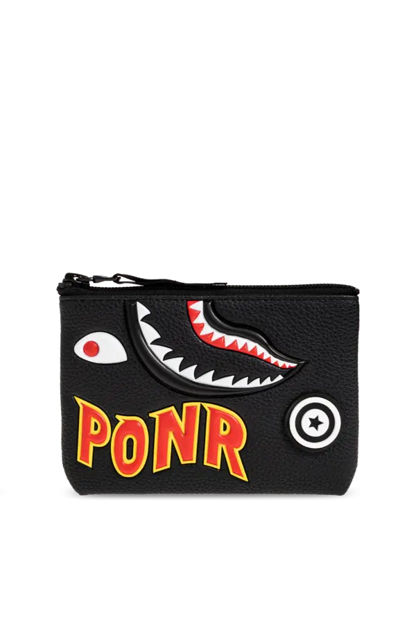 A BATHING APE Leather Pouch With Shark Applique - Black