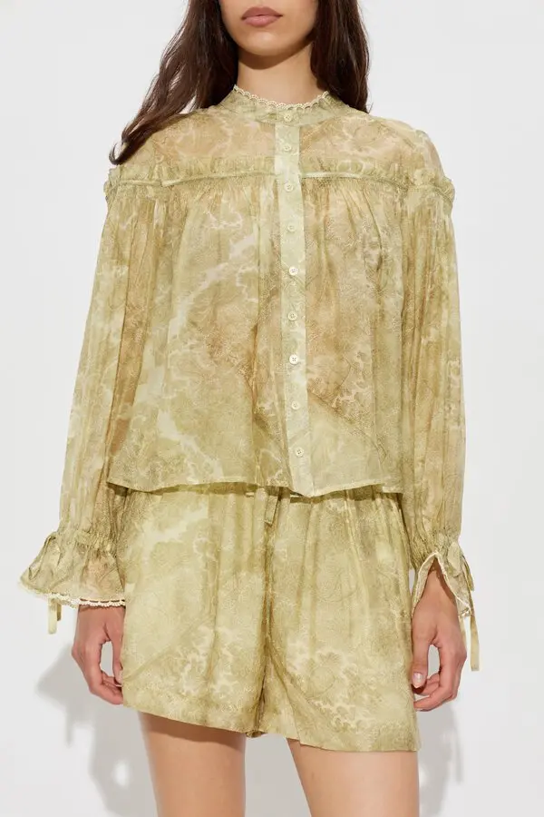 ALLSAINTS Delphine Printed Sheer Ruffled Sleeve Shirt