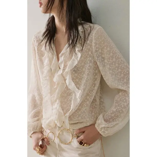 Mango Ruffle Detail Embroidered Top