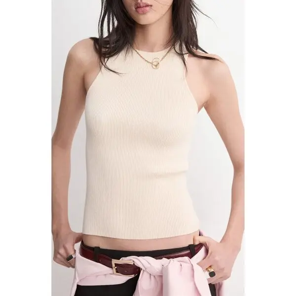 Mango Ribbed Jewel Neck Tank - Ecru